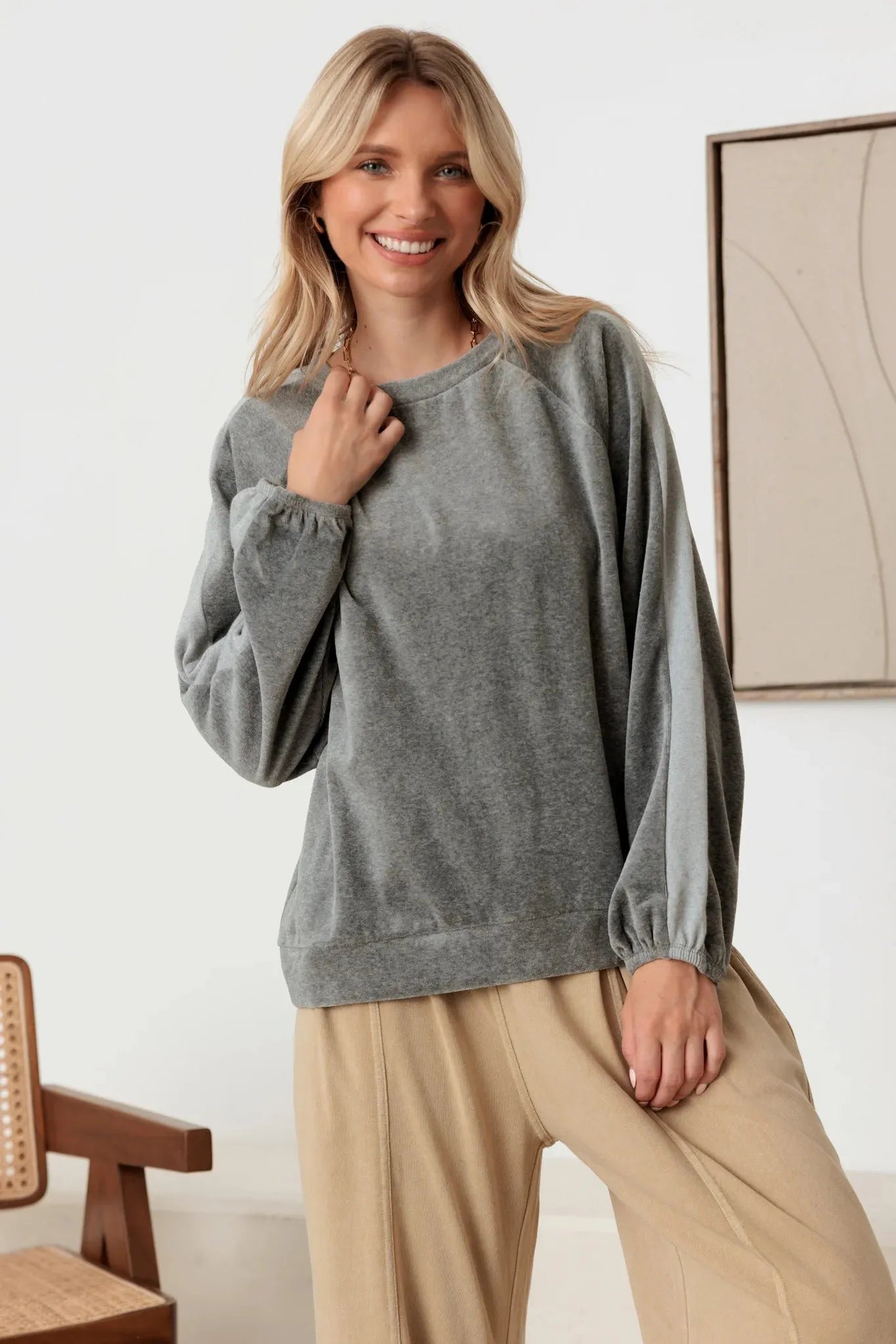 Cotton Blend Velour Velvet Balloon Long Sleeve Sweatshirt Top