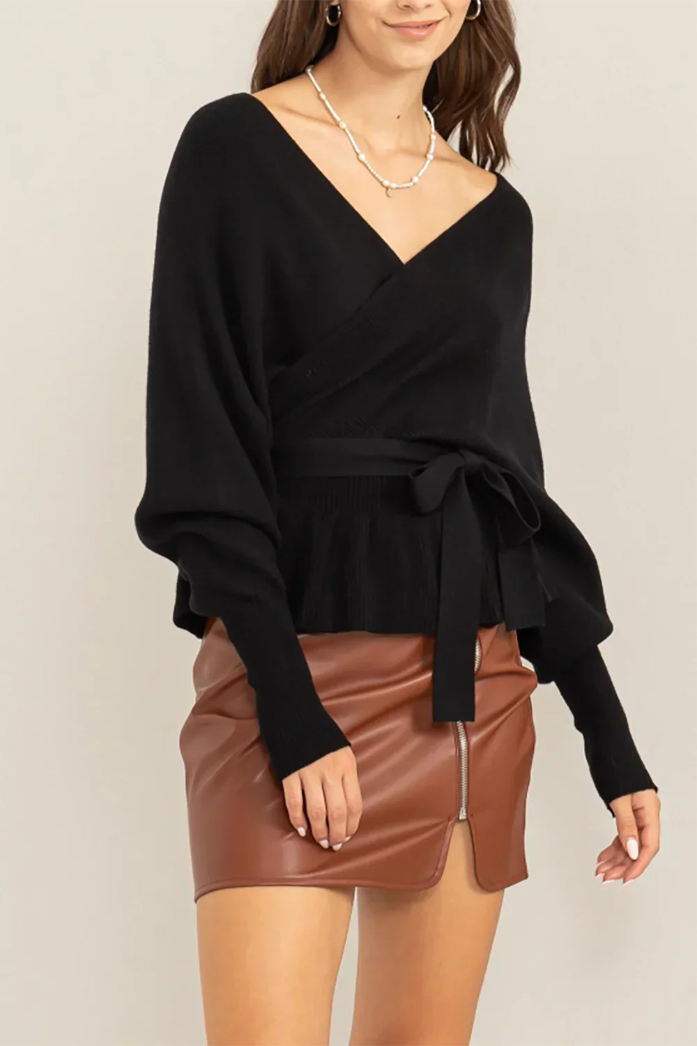 Long Sleeve Tiered Hen Wrap Front Knit Sweater with Crisscross Back De