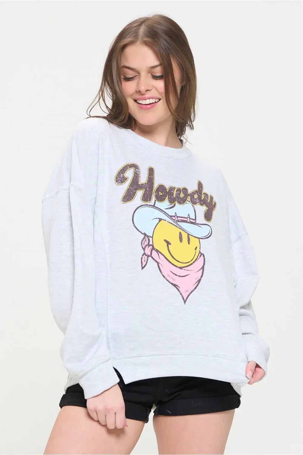Plus Size Howdy Smiley Face Graphic Oversized Crew Neck Casual Pullove