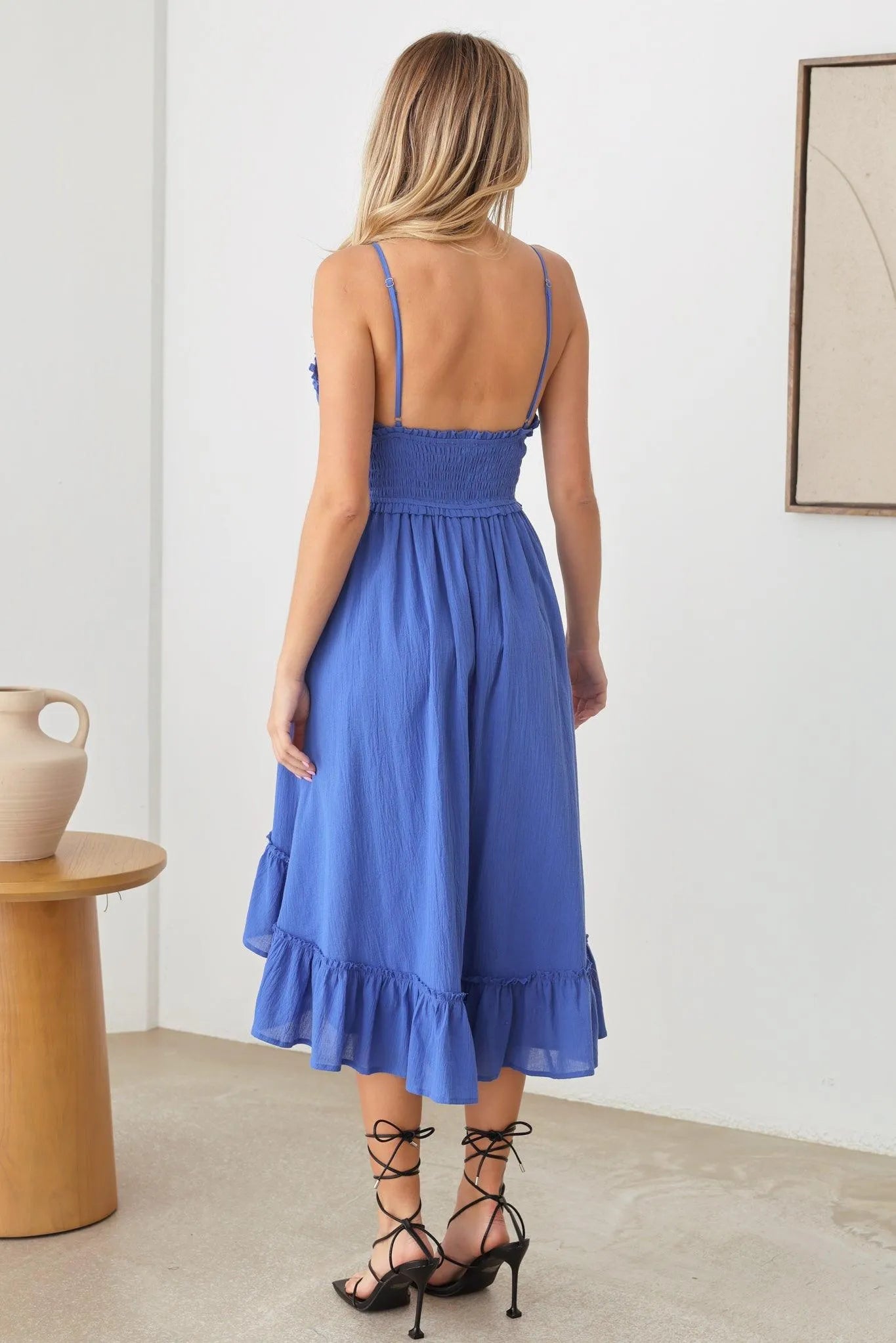 Wholesale Boho Short Smocked Bust Front Long Back Flare Hem Midi Dress