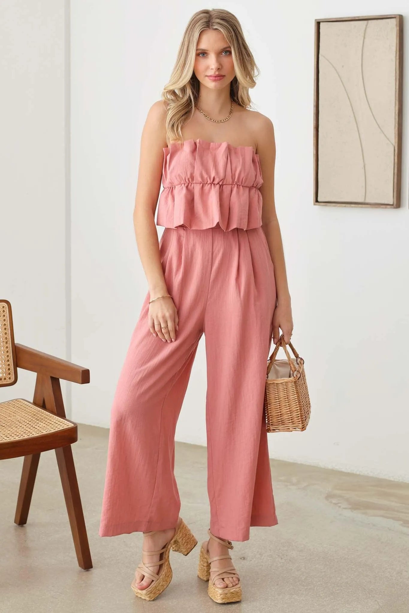 Wholesale Ruffle Strapless Wide Leg Smocked Back Jumpsuit