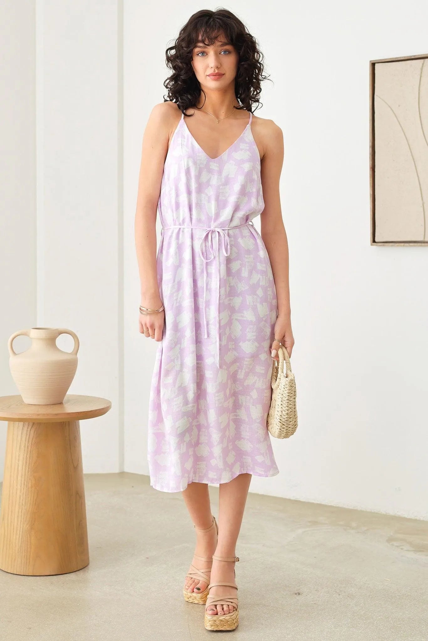 Printed Sleeveless Back Tie Front Slit Midi Dress