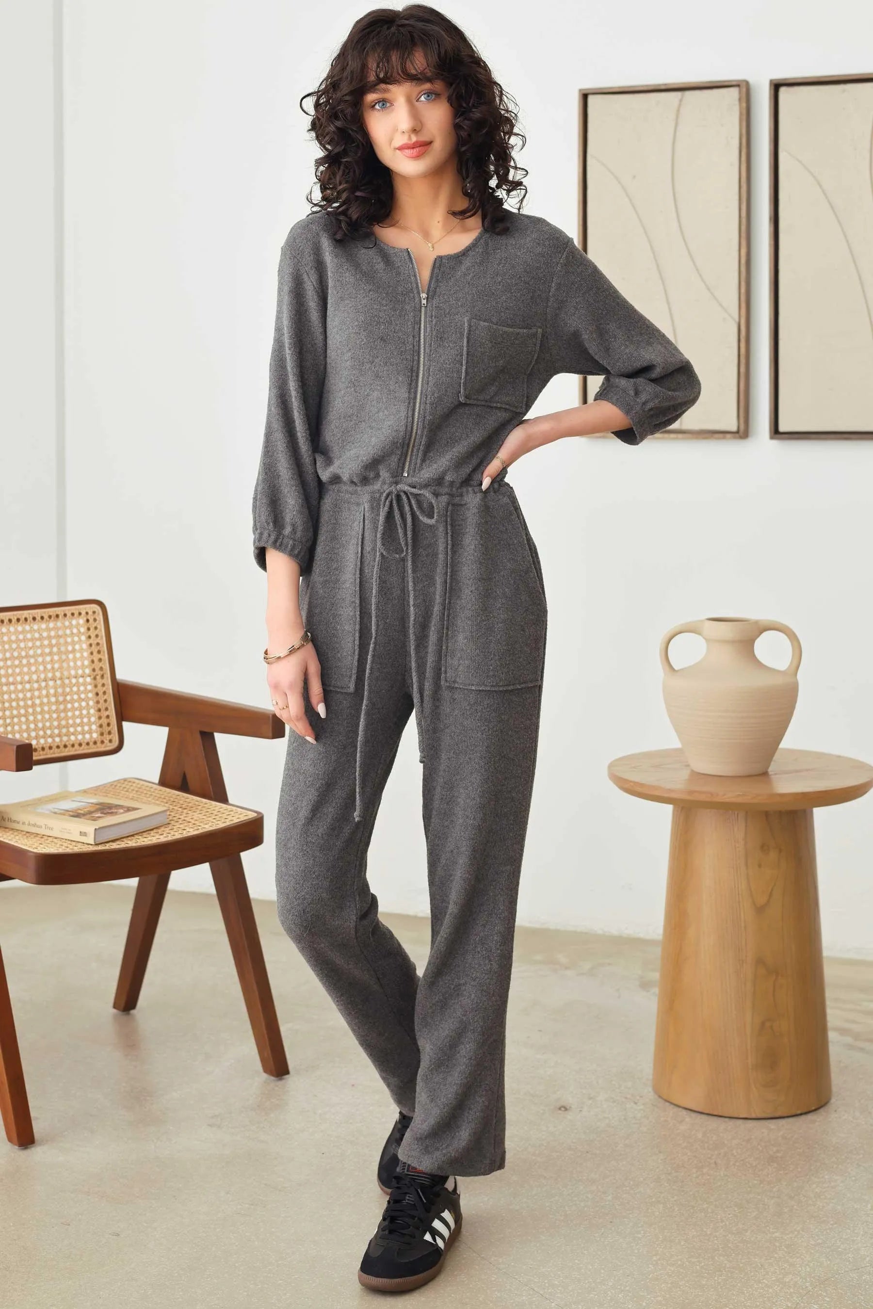 Wholesale Casual Knit 3/4 Sleeve Half Zipper Drawstring Waist Knit Jumper