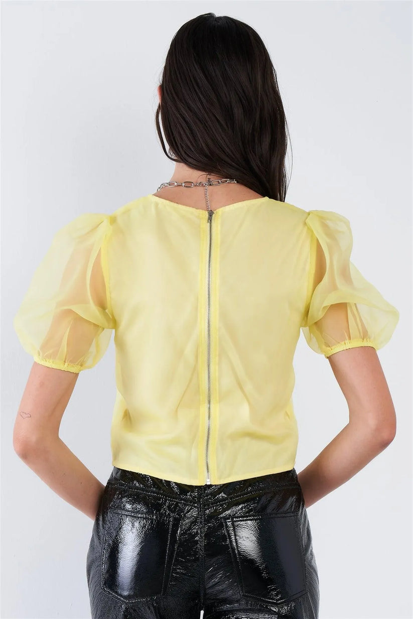 Wholesale Yellow Sheer Puff Sleeve Retro Top