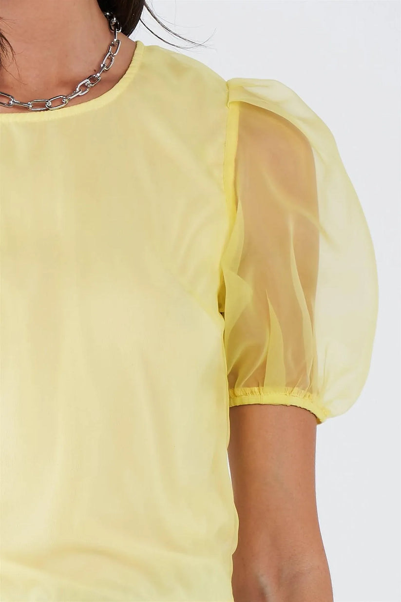 Wholesale Yellow Sheer Puff Sleeve Retro Top