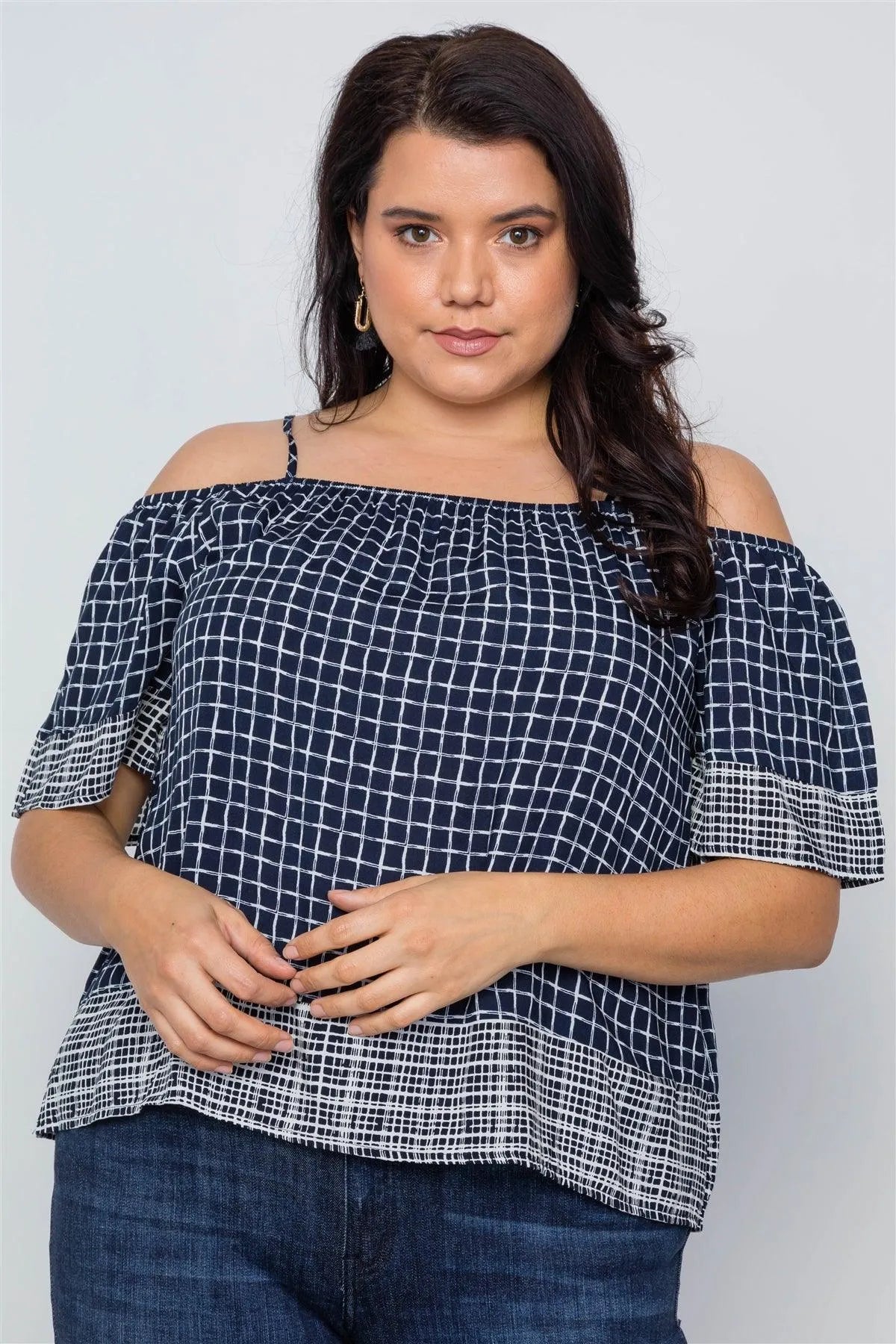 Wholesale Plus Size Navy Check Pattern Cold Shoulder Boho Top /2-2-2