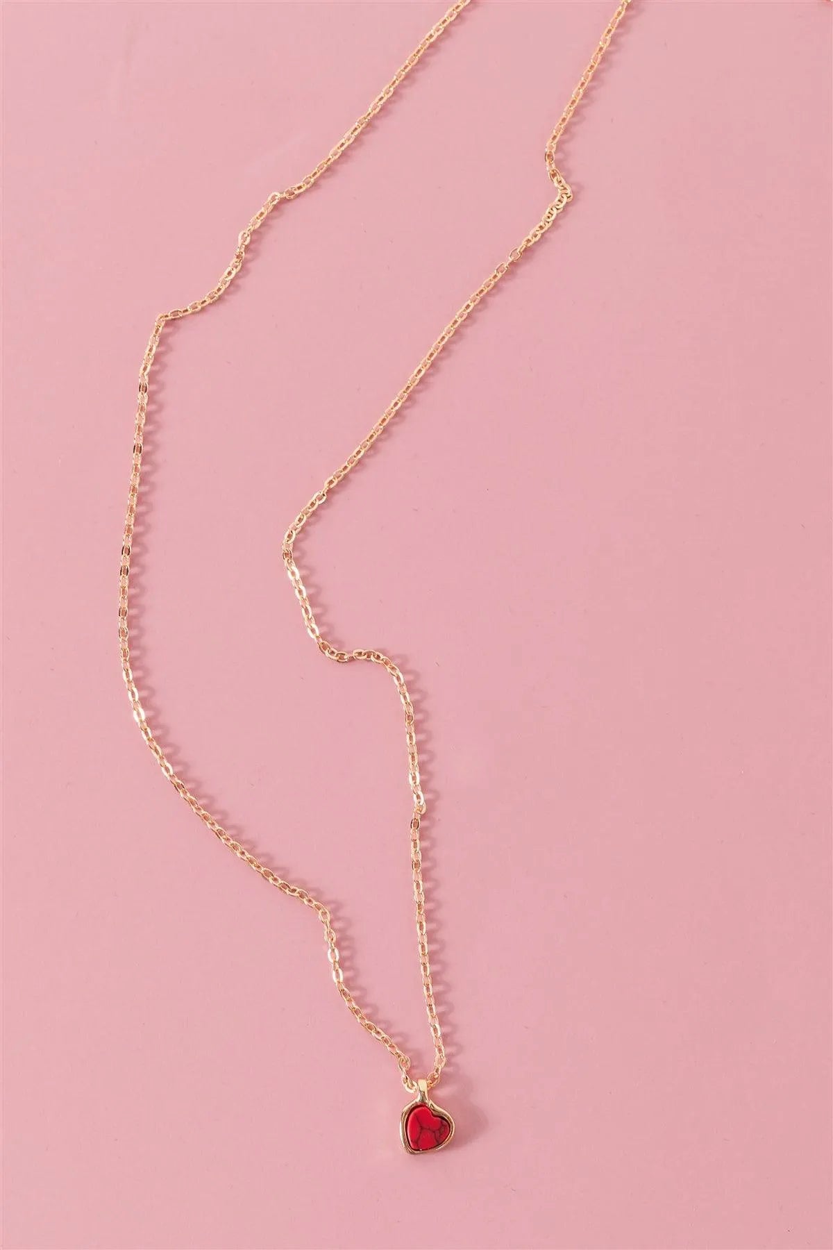 Gold Link Chain Red Marble Heart Pendant Necklace