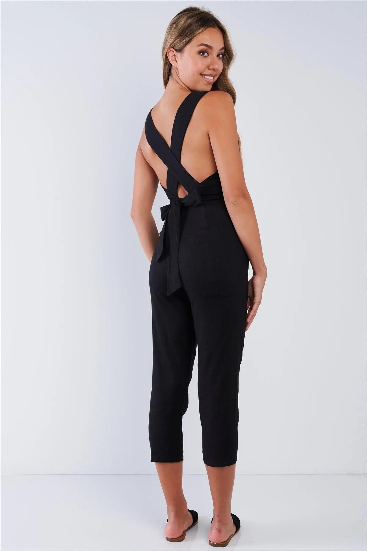 Wholesale Sleeveless Black Linen Criss Cross Open Back V-Neck Tapered ...