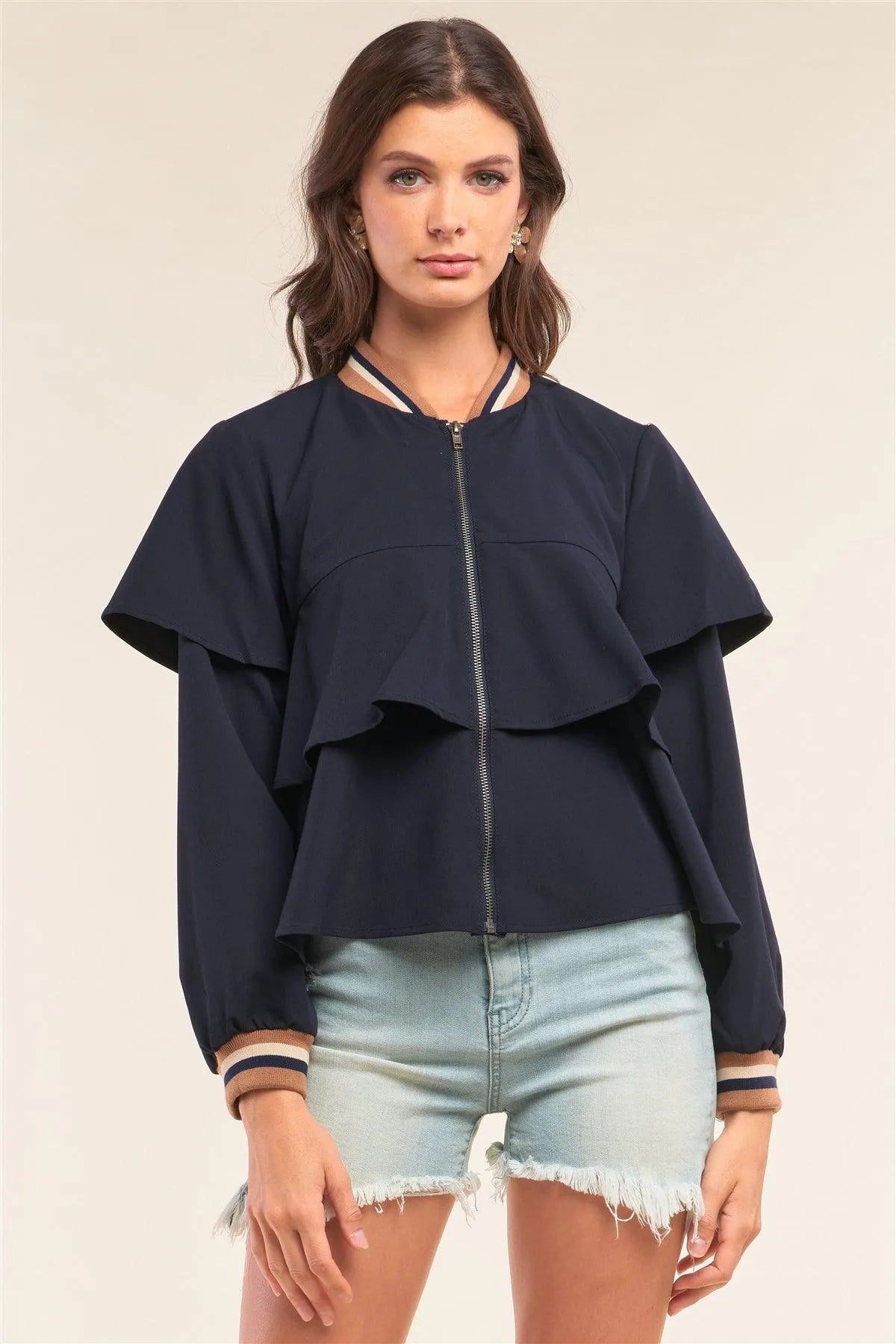 Wholesale Deep Blue Long Cuffed Sleeve Flare Trim Detail Bomber Jacket ...
