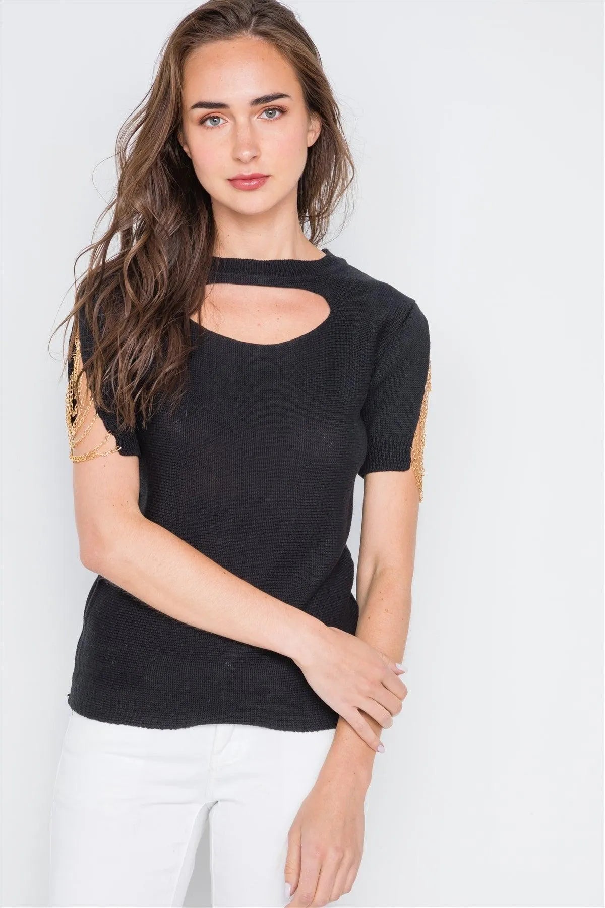 Wholesale Black Chain Sleeves Cut Out Knit Top /4-2