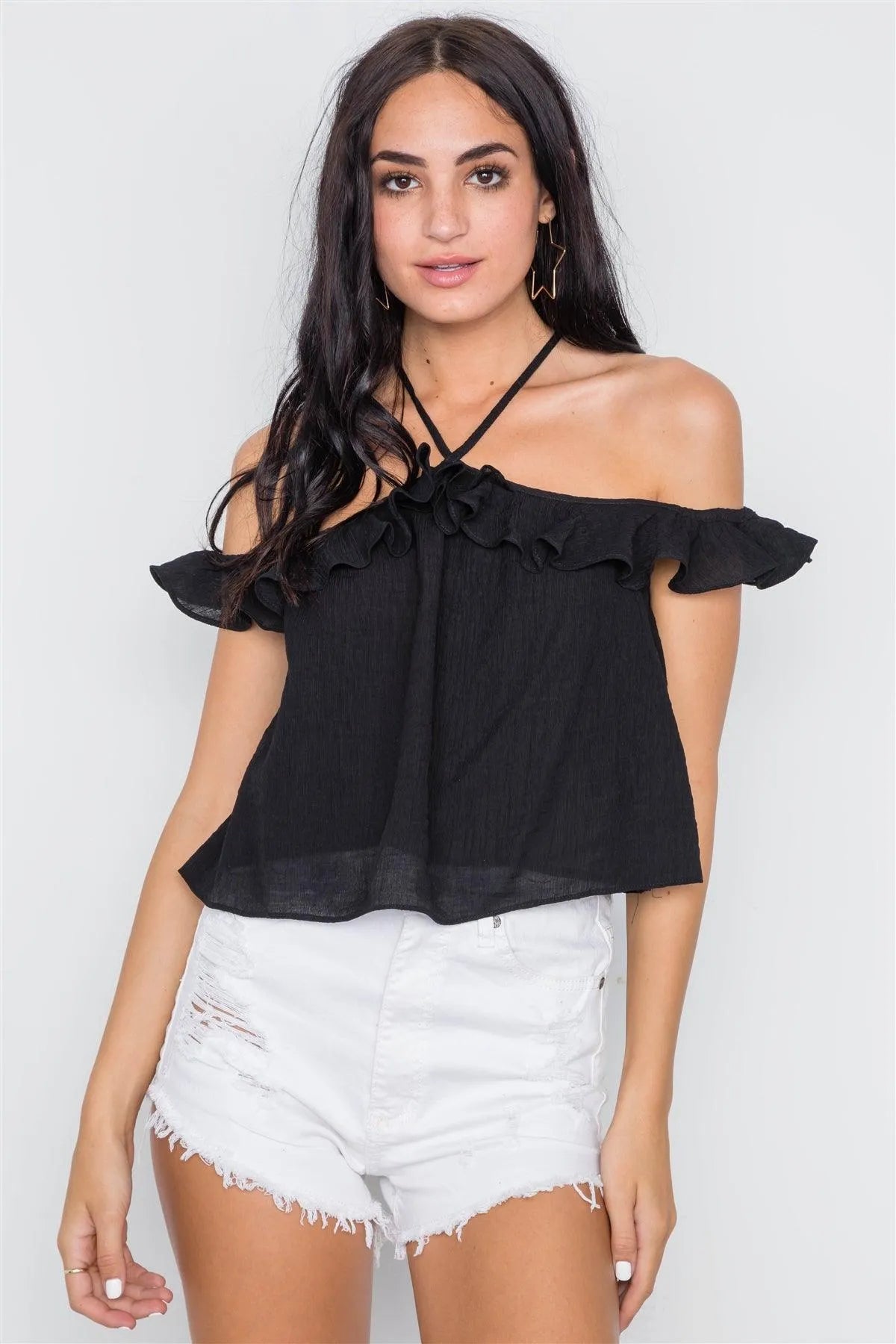Wholesale Black Ruffle Layer Halter Top /3-2-1