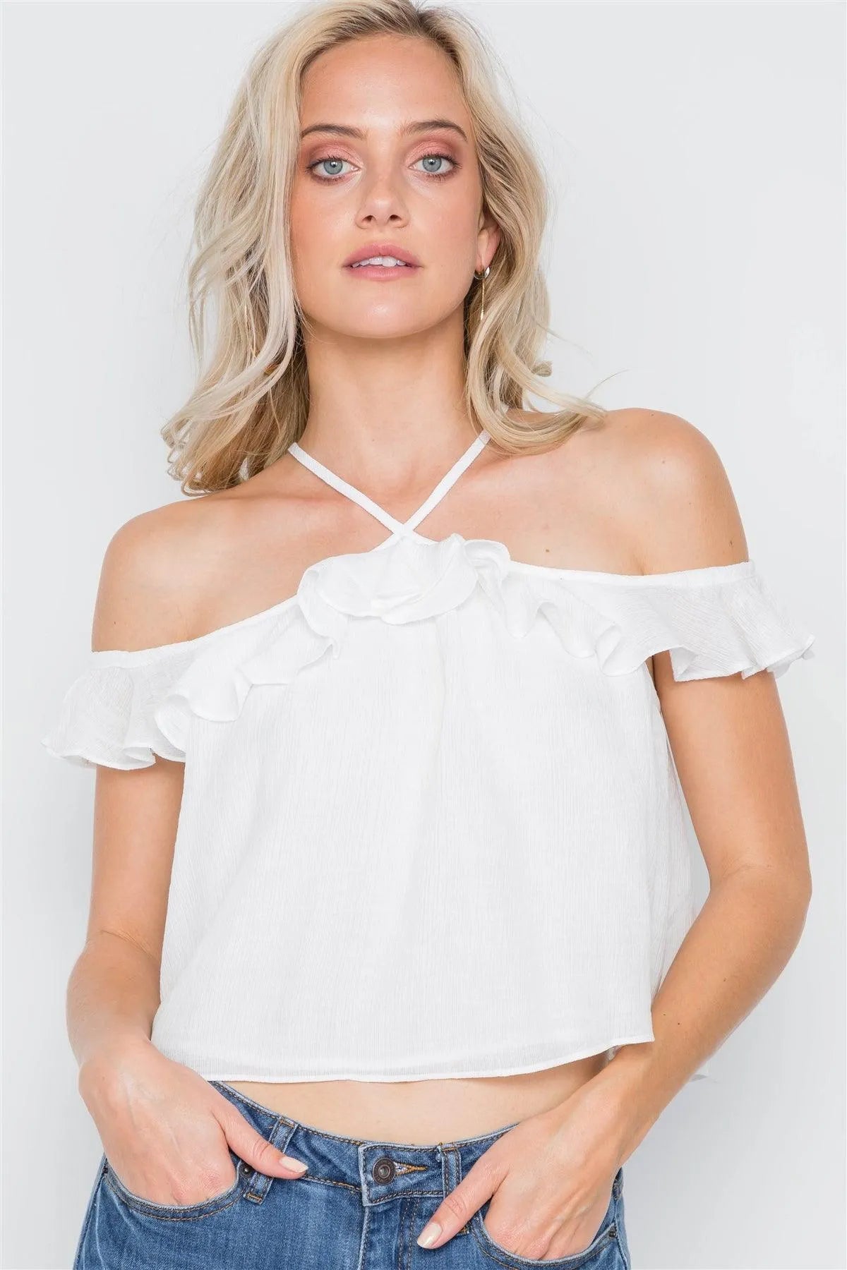 Wholesale Off White Ruffle Layer Halter Top /3-2-1