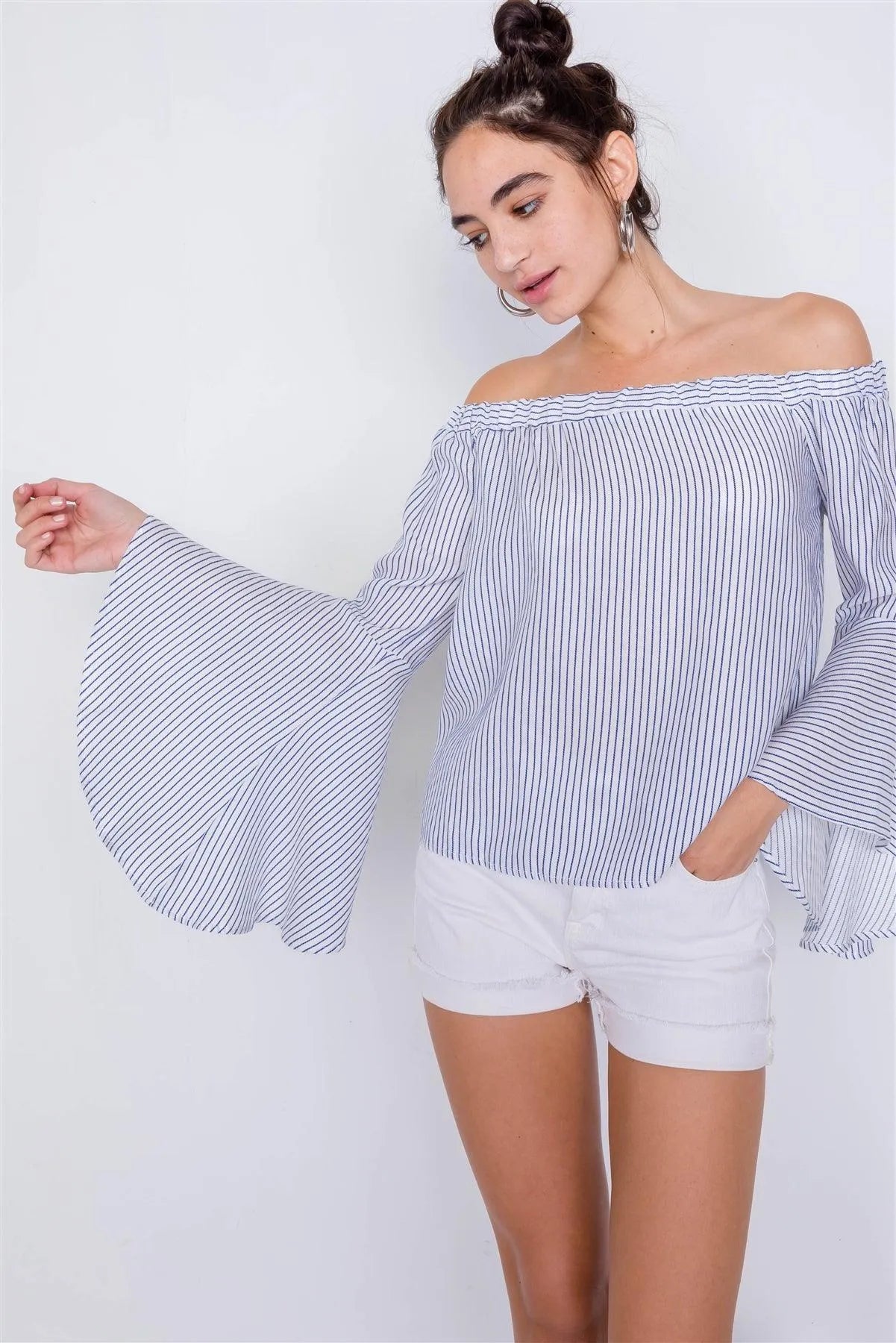 Wholesale White Blue Off-The-Shoulder Belle Sleeve Chic Tencel Top /3-2-1