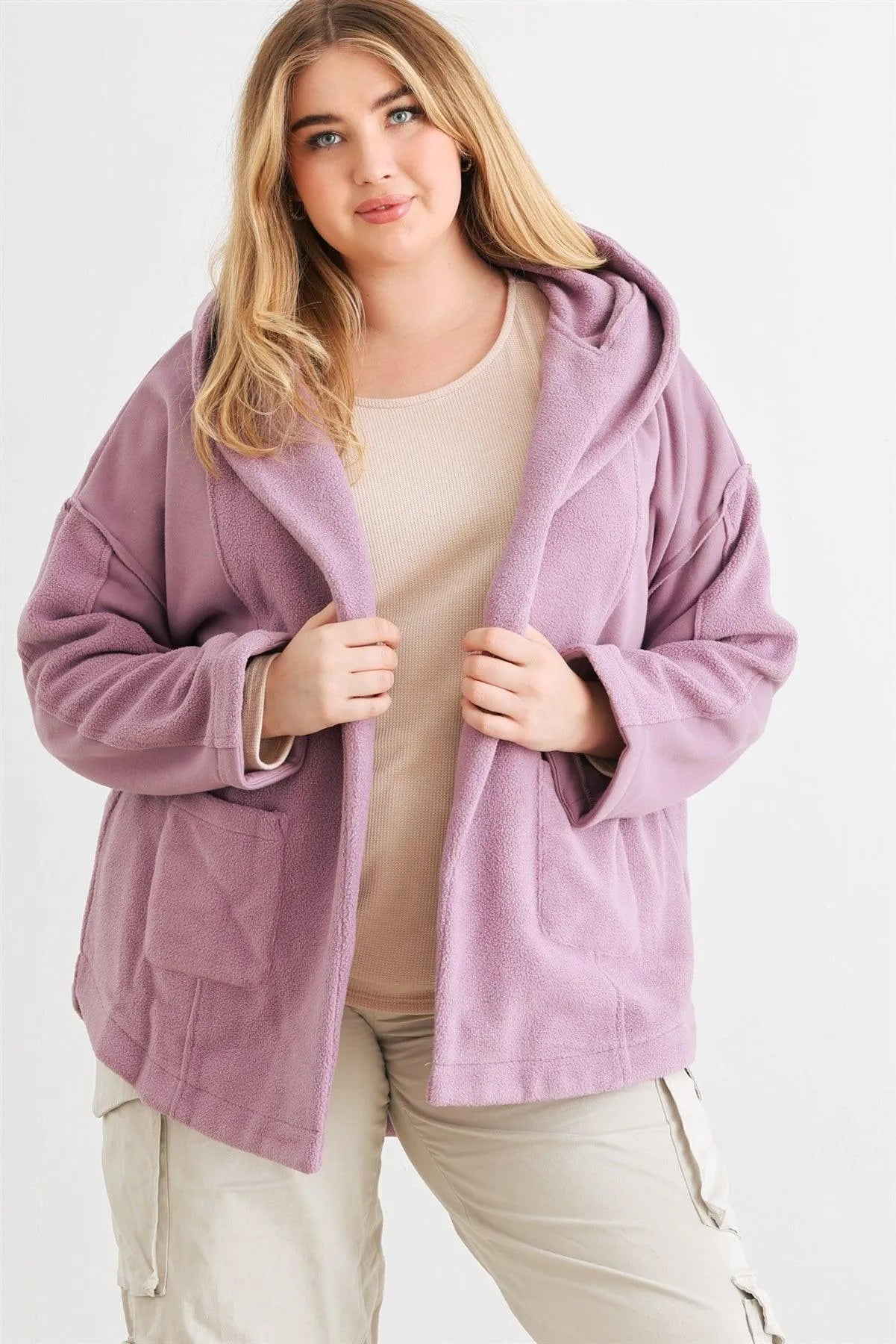 Wholesale Plus Size Plush Mauve Hooded Fleece Jacket /2-2-2