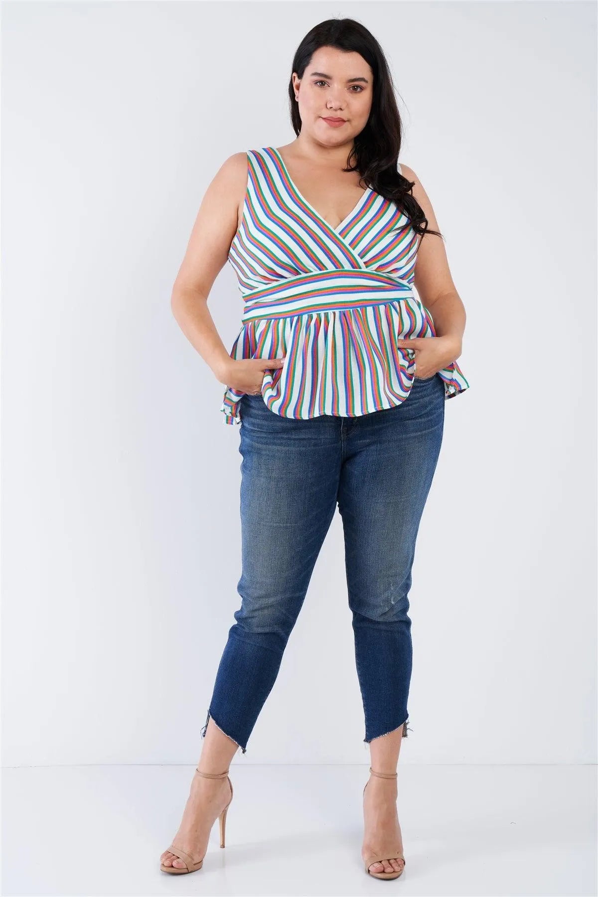 Junior Plus Size Multi Stripe V-Neck Waist Tie Mock Peplum Top /3-2-1