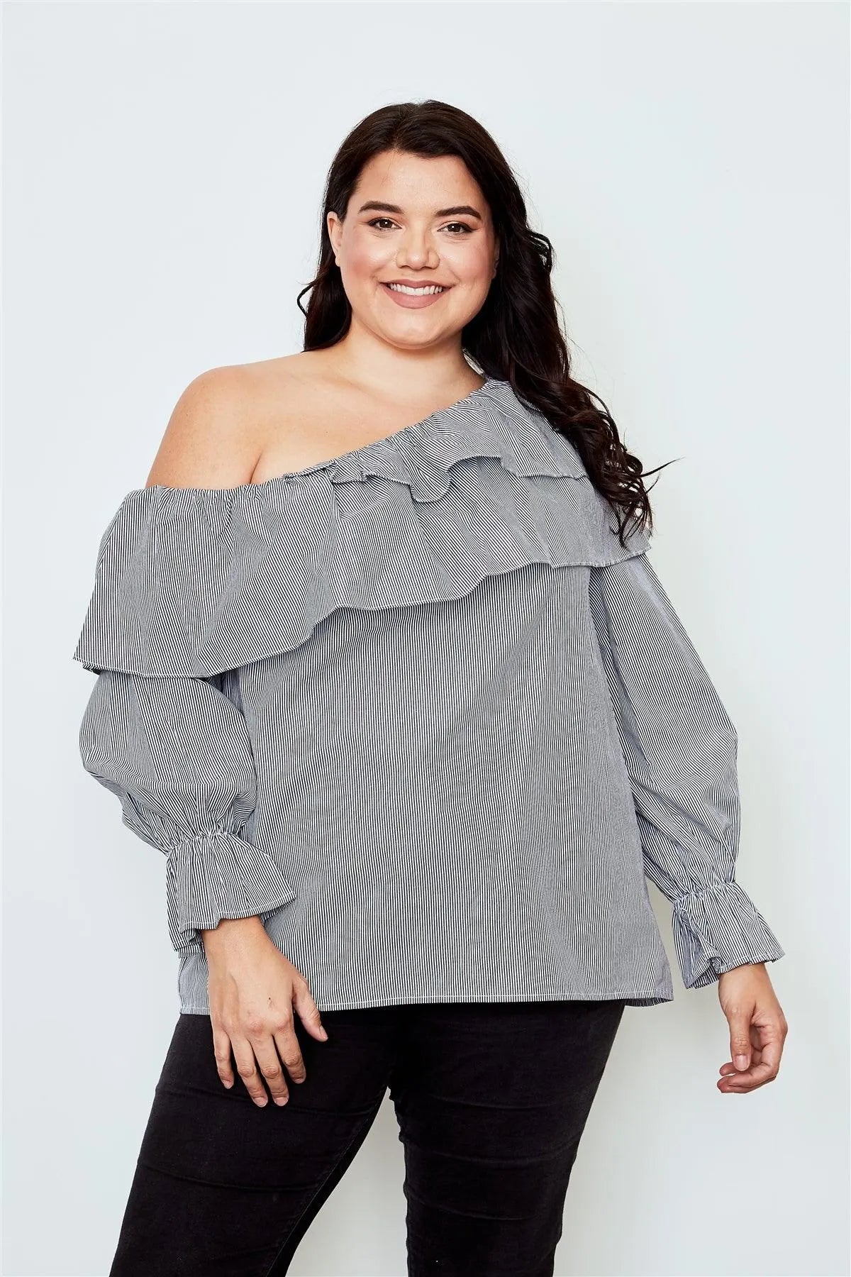 Wholesale Plus Size Black One Shoulder Ruffle Layer Top /2-2-2